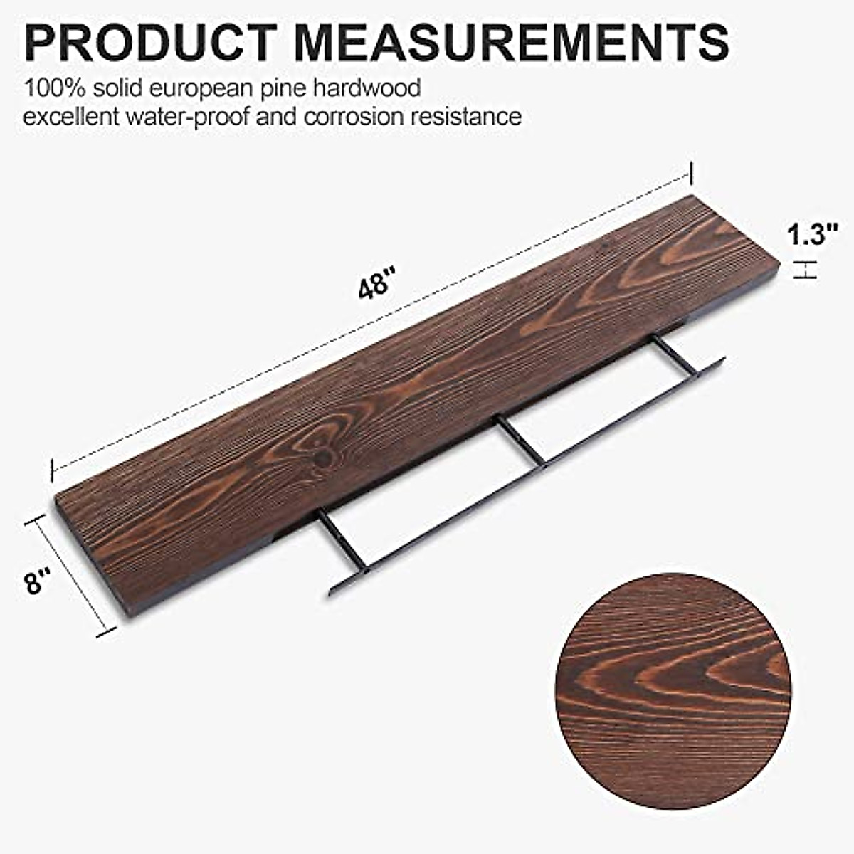 Axeman 48 Inch Floating Shelf, 8 Inch Deep Solid Pine Wood Shelves, Rustic Wall Mounted Shelves for Wall Decor & Storage, Dark Wood Shelves for Bathroom Kitchen Living Room - Dark Walnut