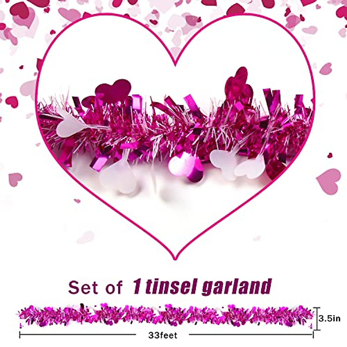 KIMOBER 33 Ft Valentine's Day Tinsel Garland,Roes Red White Heart Metallic Hanging Garland for Party Decoration Supply