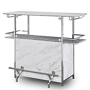 Furniture of America Linda Glam Faux Marble Multi-Storage Bar Table with Comfortable Footrest for Dining Room, Kitchen, White and Chrome