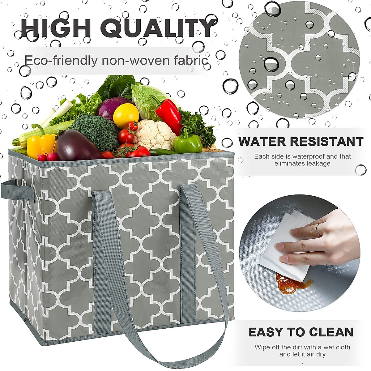 WISELIFE 3-Pack Reusable Grocery Bags Foldable Washable Storage Bins Basket Water Resistant Shopping Utility Tote Bag Grey