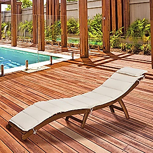 Outsunny Outdoor Chaise Lounge, Acacia Wood Folding Sun Lounger Chair with Cushion Pad for Patio, Garden, Lawn, Backyard, Cream White
