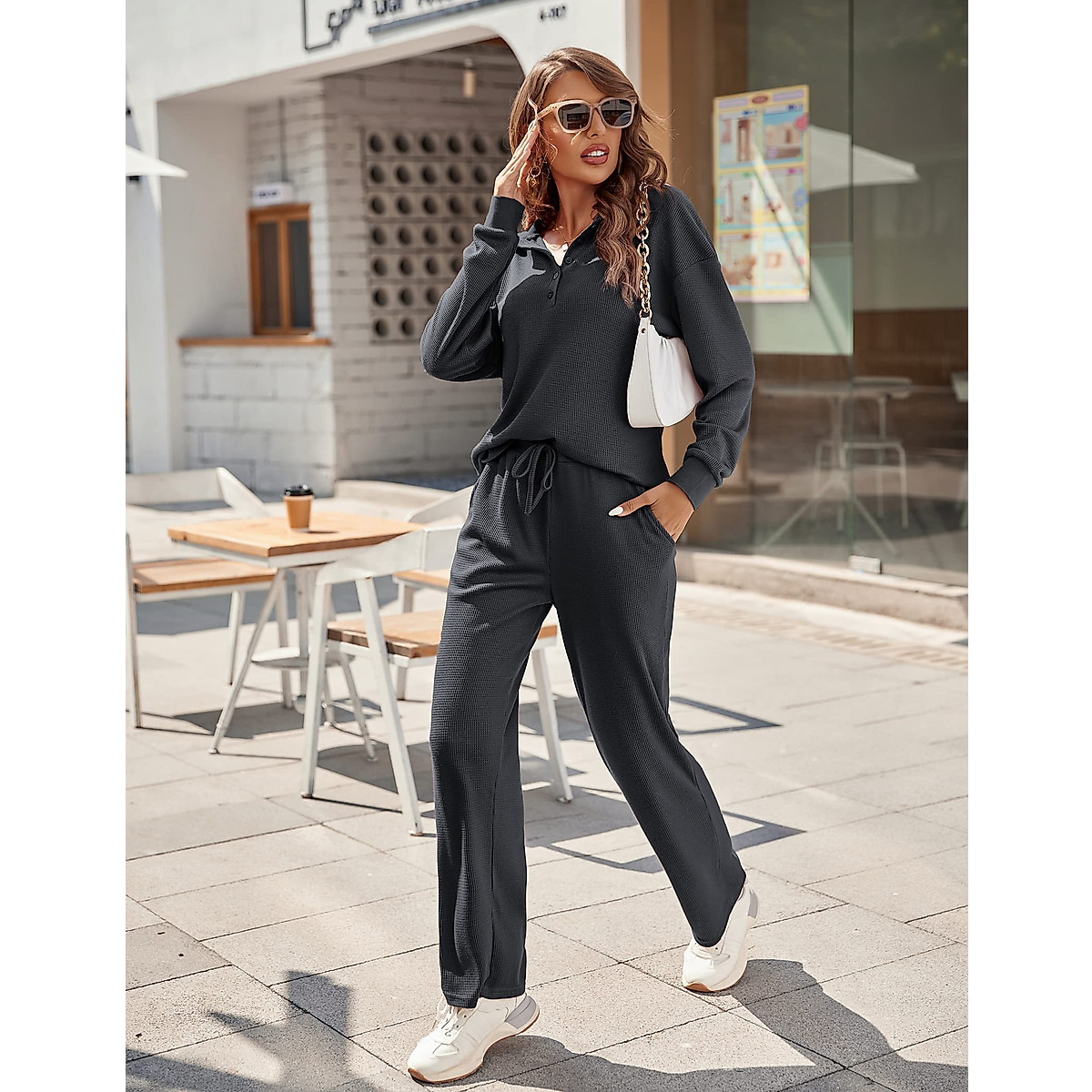 Ekouaer Waffle Knit Pajamas Set for Women 2 Piece Outfits Long Sleeve Button Top and Wide Leg Pant with Pockets Loungewear Dark Grey M