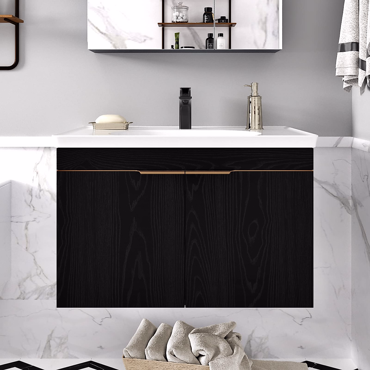 Skyblur 24" x 118" Black Wood Contact Paper for Cabinets Peel and Stick Countertops Wallpaper Wood Grain Dark Wall Paper Self Adhesive Removable Vinyl Black Contact Paper for Counter Tops Desktop