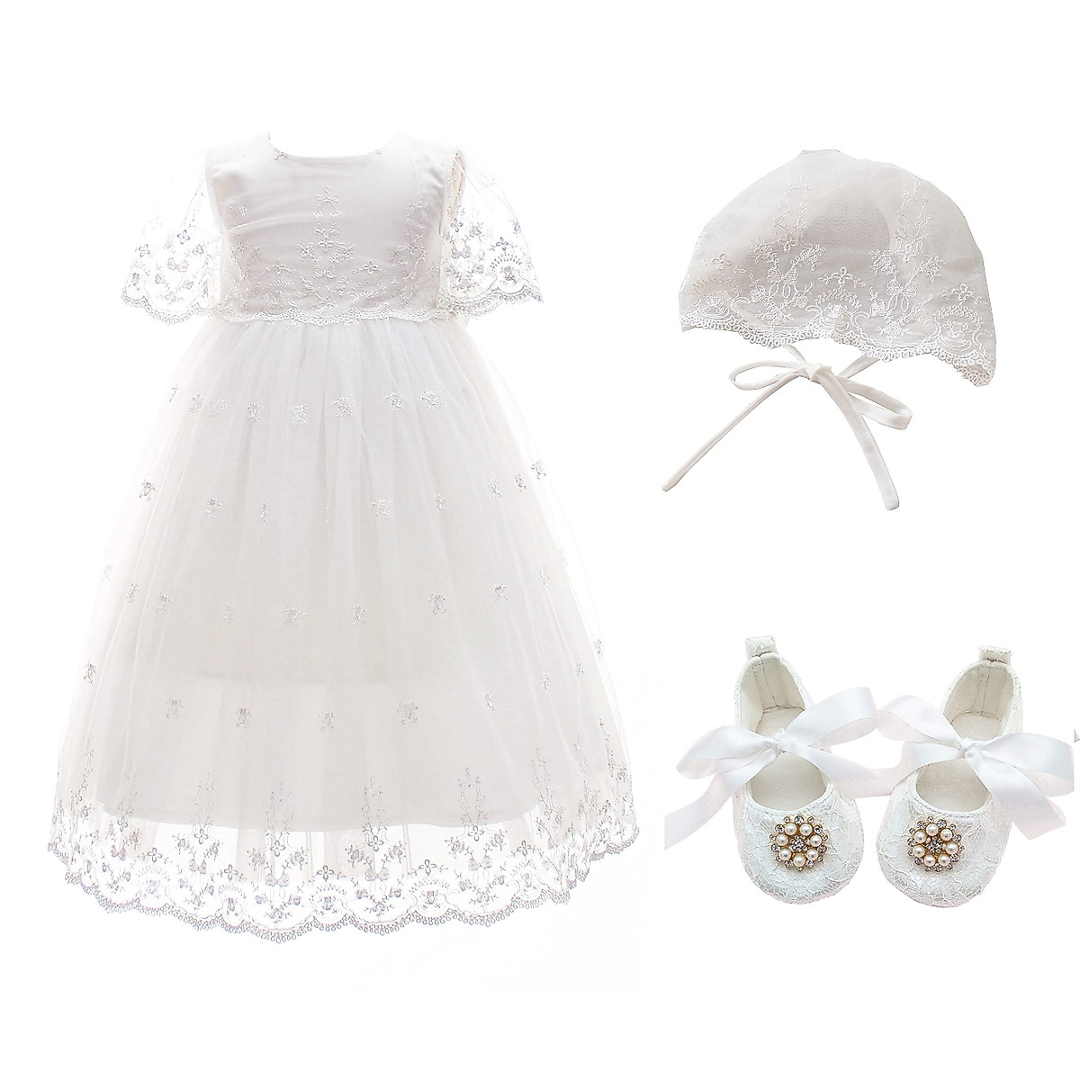 Glamulice White Baby Girls Christening Baptism Tulle Dresses 3-6 Lace Floral Embroidered Newborn Birthday Party Wedding Gowns Infant Photo Shoot Communion Pageant Outfits Dress & Bonnet & Shoes 3M