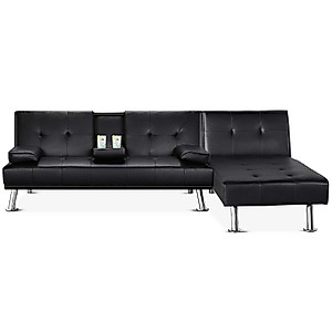 Yaheetech Faux Leather Sectional Sofa Couch Sectional Living Room Furniture Set Convertible Futon Sofa Beds with Chaise Lounge Black