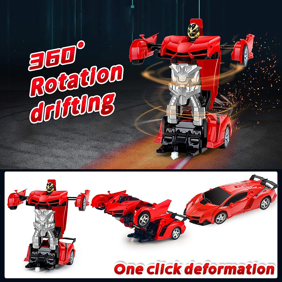 Transformable Remote Control Car for Boys 4-7 8-12 Gifts, 1:18 Transform Robot Toy Car with 360° Rotating Led Lights & One Button Deformation, Kids Robot Toys for 3 4 5 6 7 8 9 10+Years Old, Red