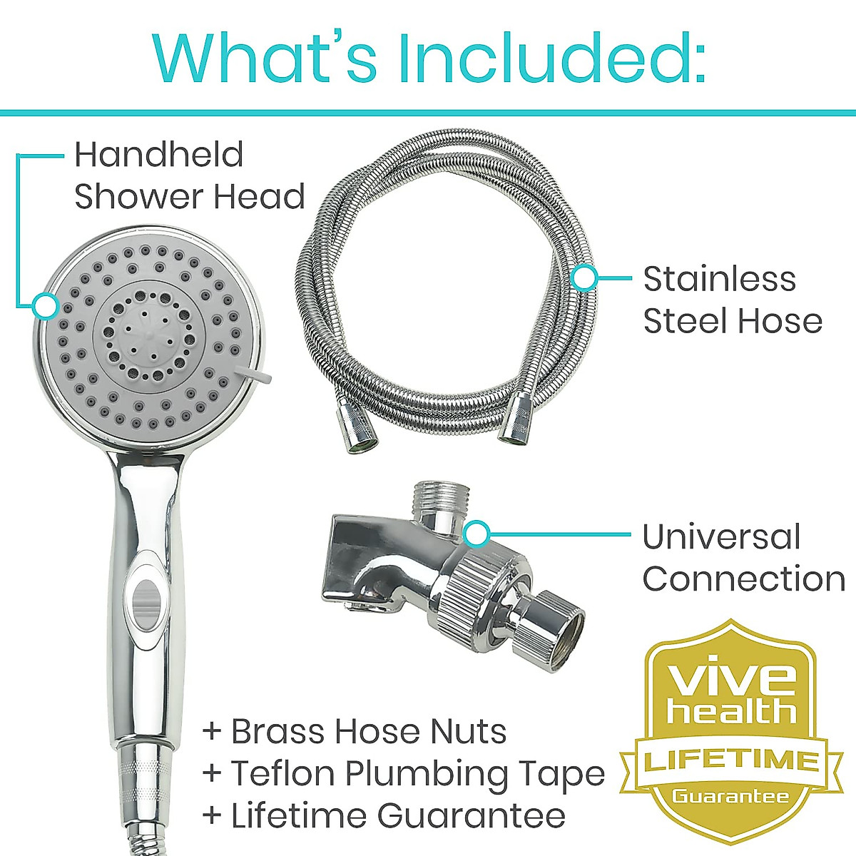 Vive Hand Held Shower Head with Long Hose - Detachable 2 in 1 Universal High Pressure Handheld Adapter - Chrome Finish with Large Waterfall Rainfall & Holder for Wall - Clean Overhead Rain Style