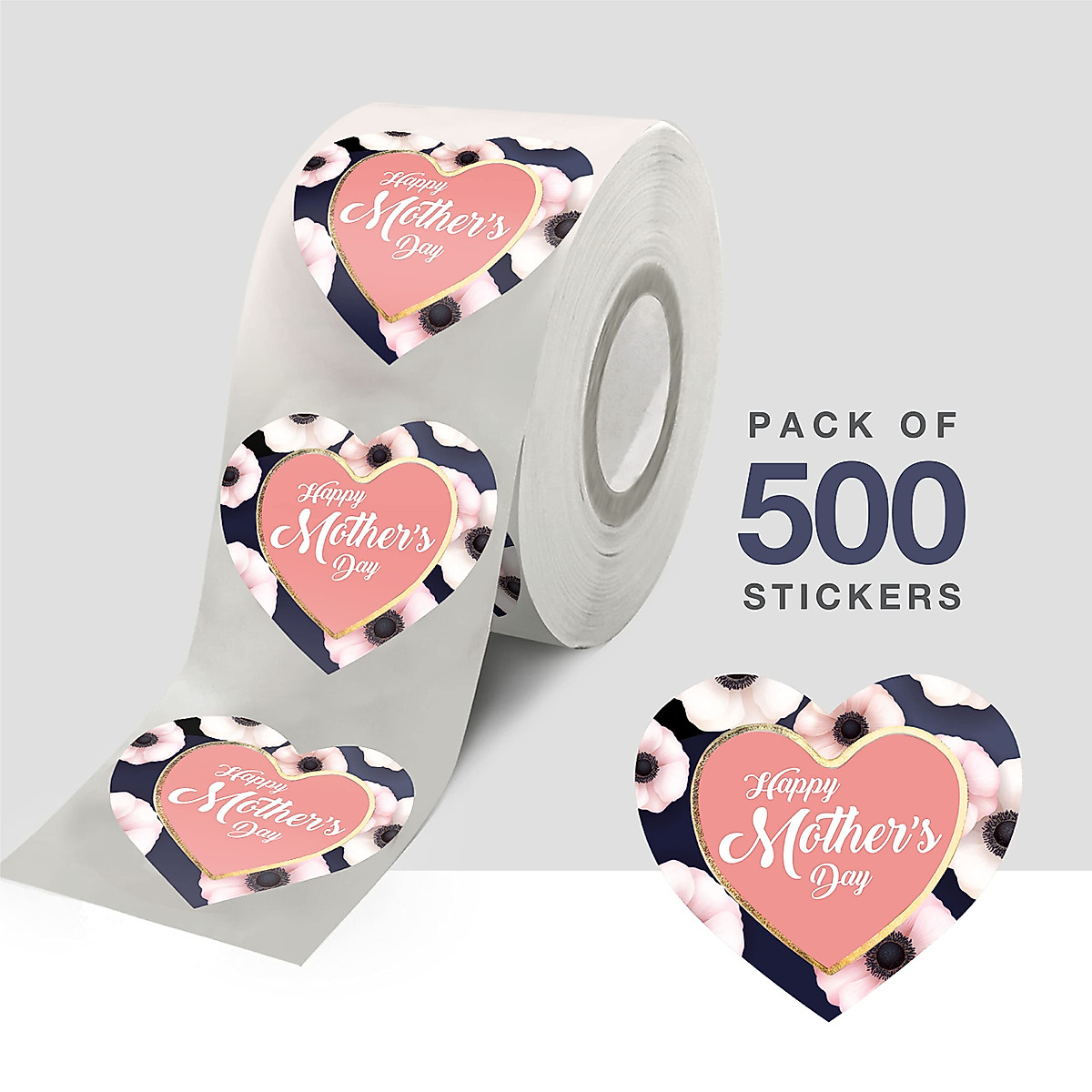 Easykart 500 Happy Mother's Day Stickers with Flowers Heart Shaped with Gold Foiling, Mother's Day Party Favor Sticker Labels for Classroom Candy Bags (1.5 Inch)