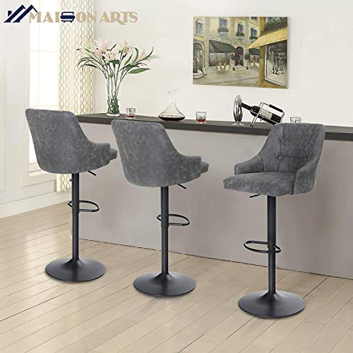 MAISON ARTS Swivel Adjustable Bar Stool with Back for Kitchen Counter Padded Counter Height Faux Leather Bar Chair with Heavy Duty Base for Pub Cafe Dining, 300LBS Weight Capacity, Grey, 1 Stool