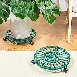 Sungmor Cast Iron Plant Caddy with Wheels, 2PC 14.8" Large & Heavy-duty Rolling Plant Stands, Pretty Garden Pots Tall Planter Dolly, Round Flower Pot Mover Metal Plant Pallet Trolley Tray with Casters