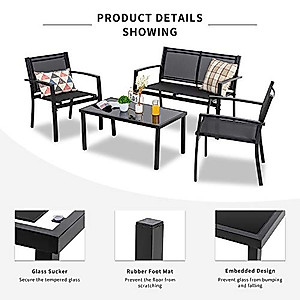 Shintenchi 4 Pieces Patio Furniture Set All Weather Textile Fabric Outdoor Conversation Set, with Glass Coffee Table, Loveseat, 2 Single Chairs for Home, Garden, Lawn, Porch（Black）