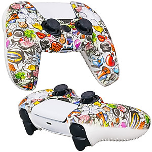 YoRHa Water Transfer Printing Silicone Thickened Cover Skin Case for PS5 Controller x 1(Lovely Graffiti) with Thumb Grips x 10