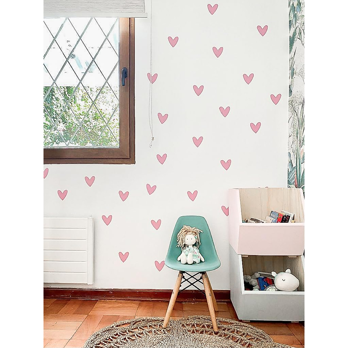 The Boho Design Hearts Wall Decals Peel and Stick for Kids, Baby Bedroom Nursery and Living Room. Love Vinyl Wall Stickers Decor (Pink)
