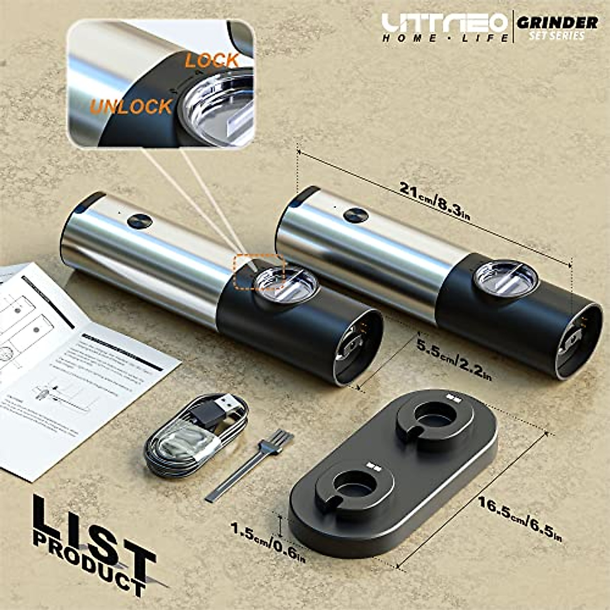 Electric Salt and Pepper Grinder Set with Rechargeable Base, Stainless Steel Salt and Pepper Grinders/Mill with Adjustable Coarseness, Refillable Salt and Pepper Shakers with LED Light, a Pair