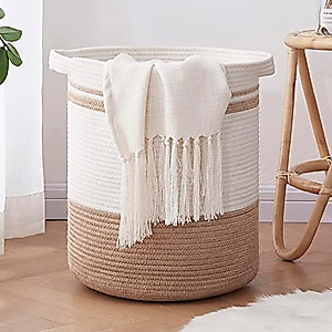 OIAHOMY Laundry Basket- Rope Basket Large Storage Basket with Handles,Modern Decorative Woven Basket for Living Room,Storage Baskets for Toys, Throws, Pillows,and Towels -18"×16"-White&Yellow