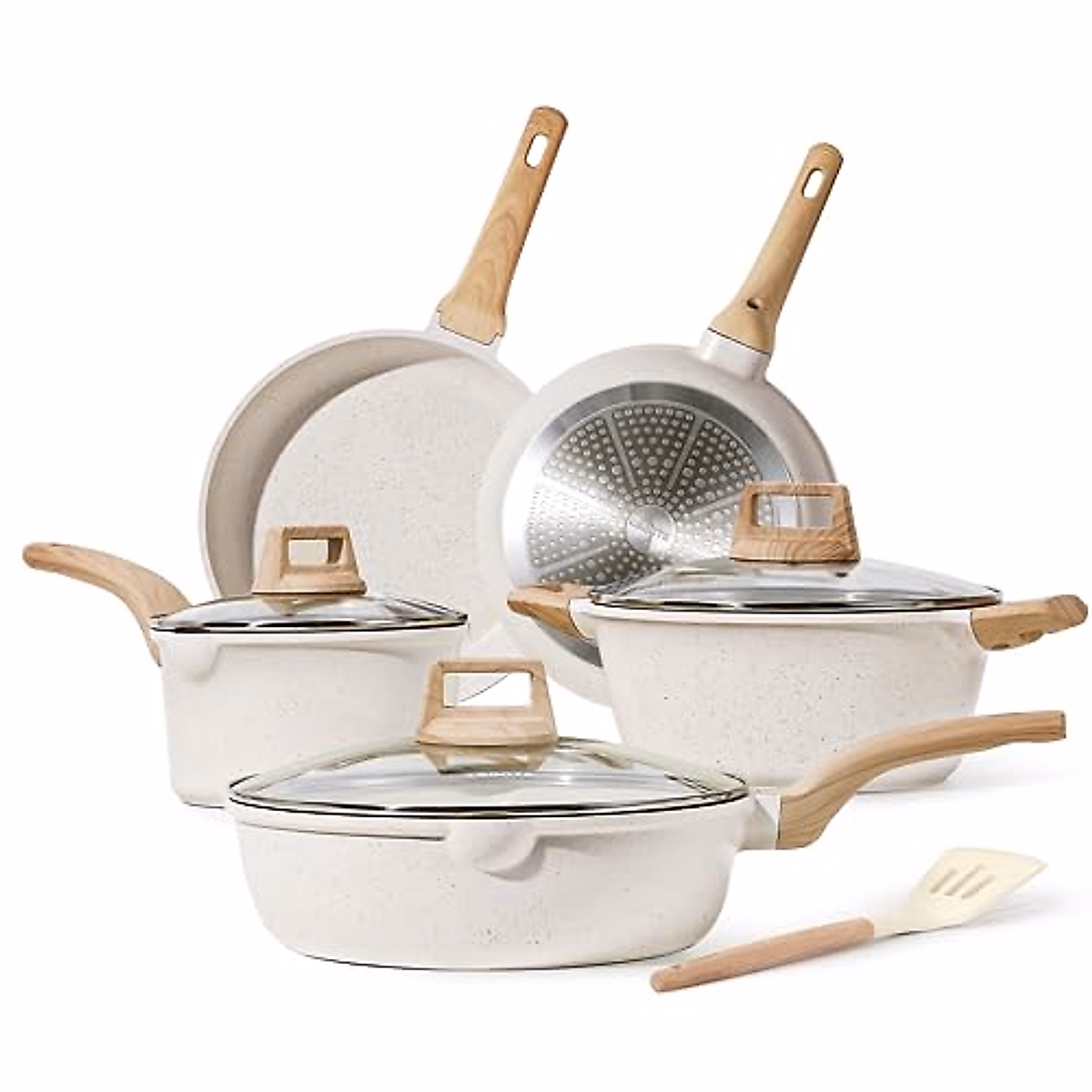 CAROTE Pots and Pans Set，Nonstick Cookware Sets Induction Cookware, White Granite 9 Pcs Non Stick Cooking Set w/Frying Pans & Saucepans(PFOS, PFOA Free)