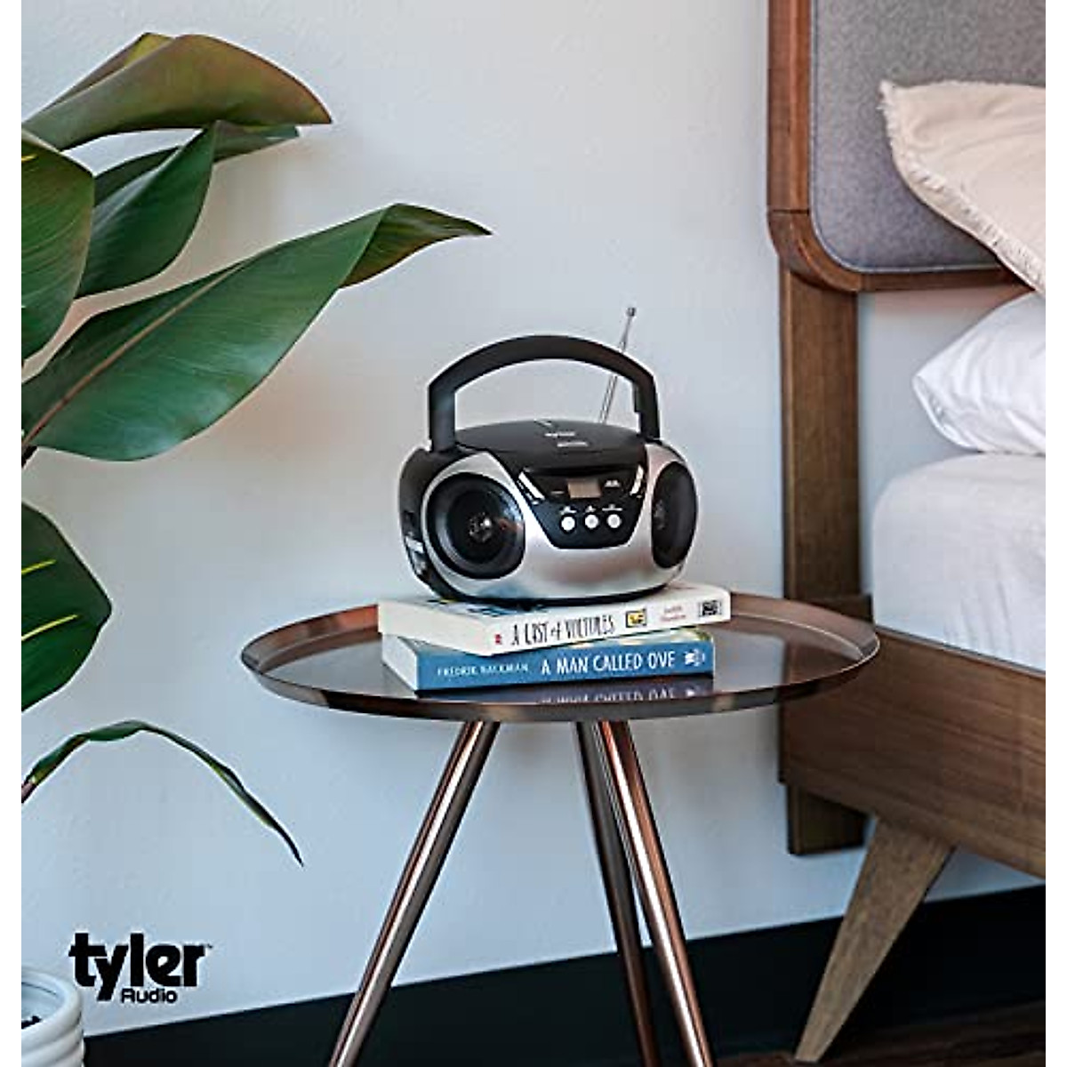 Tyler Portable CD Player Boombox Radio AM/FM Top Loading AC & Battery Compatible Aux Input & 3.5mm Headphone Jack Small Lightweight Compact Boom Box Home Stereo Speakers Carrying Handle Kids Silver