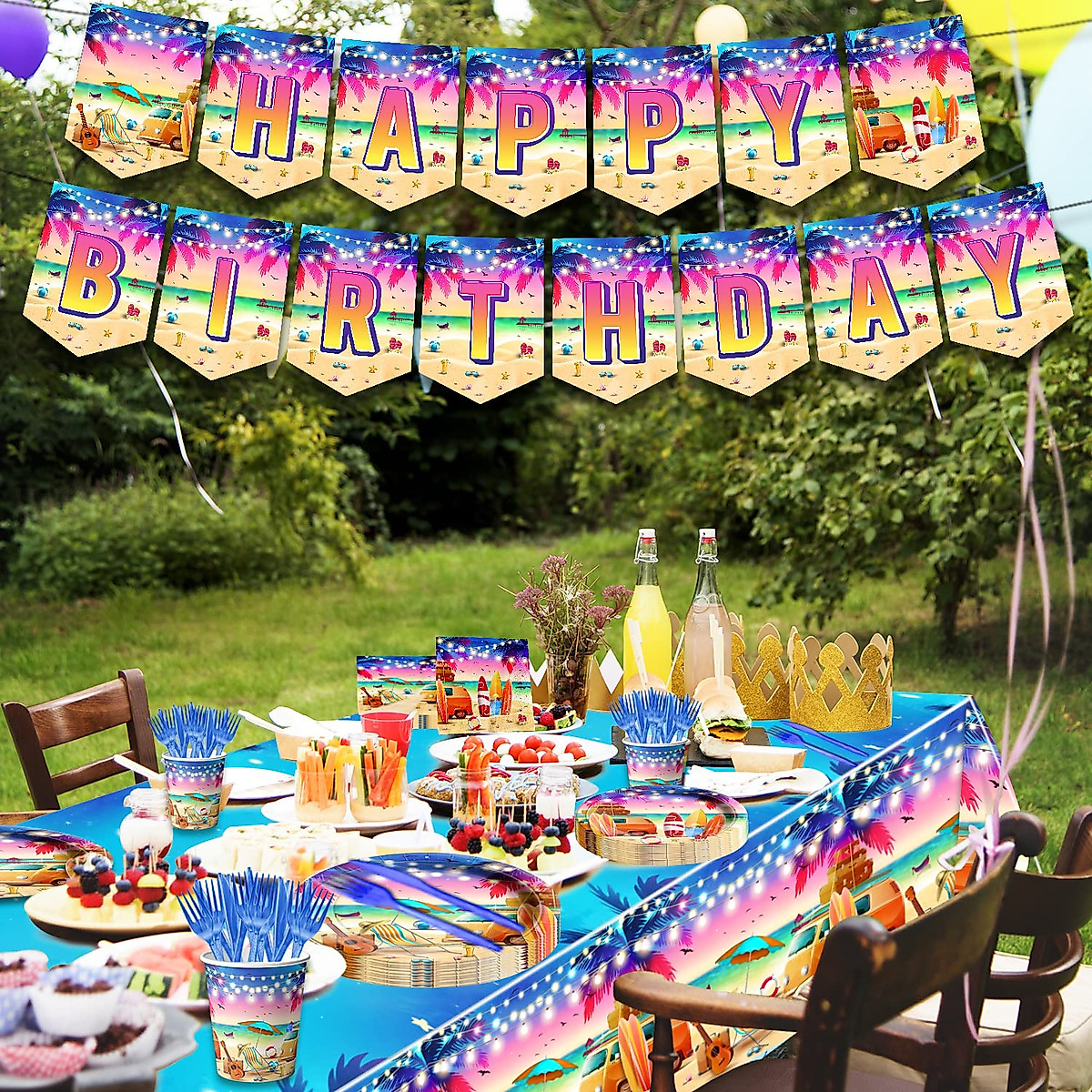 142pcs Sunset Beach Summer Tableware Set Beach Theme Party Decorations Palm Leaves Tropical Beach Banner,Tablecloth,Cups,Plates Napkins,Forks and Knives for Hawaiian Party,Swimming Pool Party,Birthday