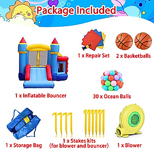 RETRO JUMP Inflatable Bounce House, Bouncy House for Kids Outdoor, Inflatable Kids Bounce House with Jumping Ball Pit & Basketball Hoop, Ocean Balls, Blower, Patch Kits, Stakes, Carrying Bag