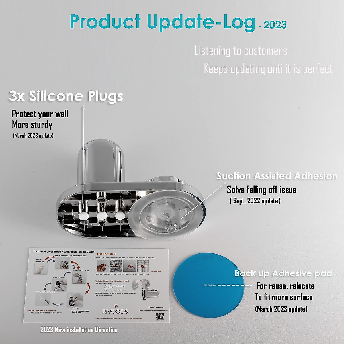 Wall Mount Handheld Shower Head Holder - 5 Positions Adjustable + 90° downwards - Large Shower Sprayer Fits - Suction Assisted Adhesive - Wide Slot - No Drill Installation - All Chrome Finish