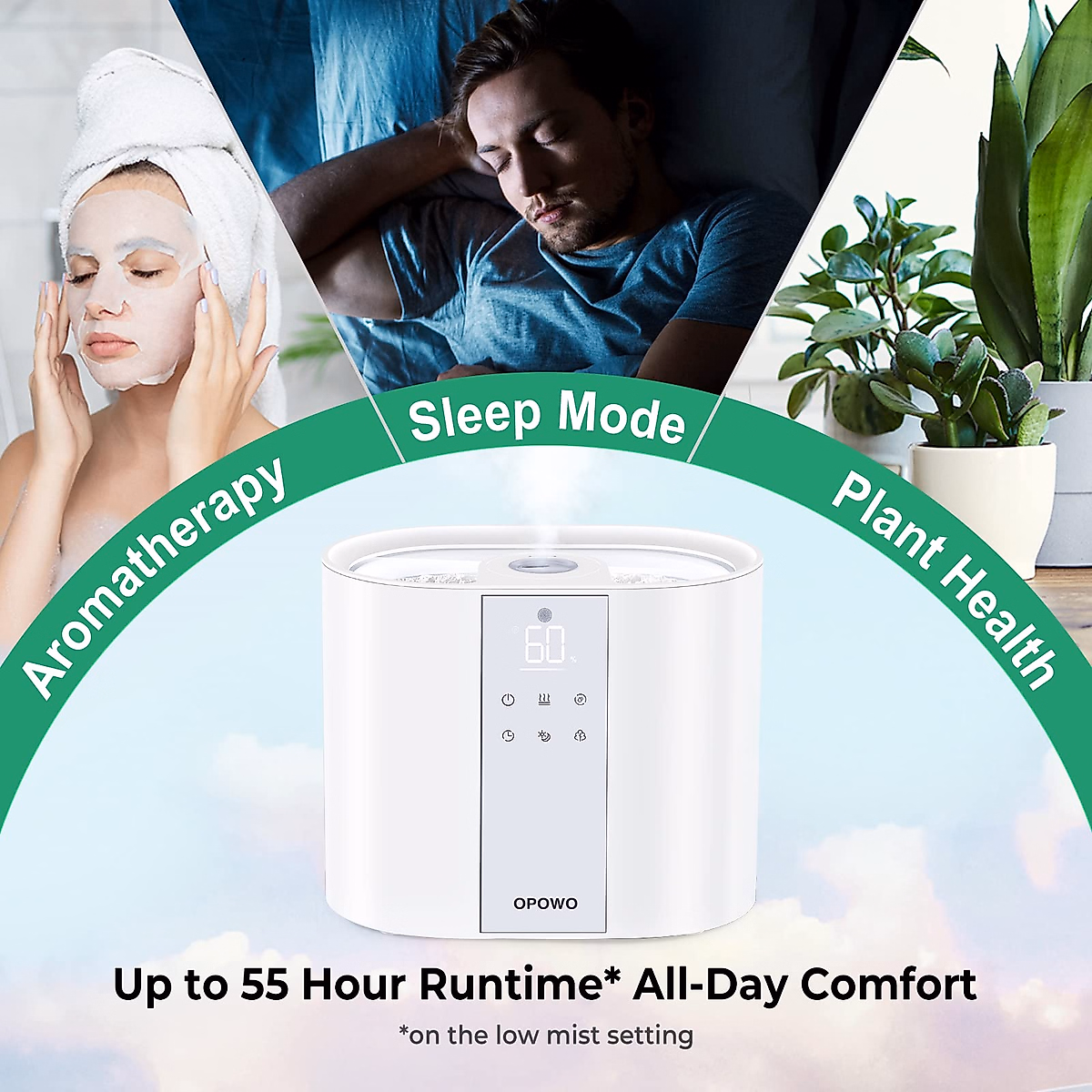 OPOWO Humidifiers for Bedroom, Cool Mist Humidifier for Baby and Plants, 5.5L(1.45 Gal) Top Fill Air Humidifier for Large Room with Essential Oil Diffuser, Sleep, Timer, Touch&Remote Control, Auto Off