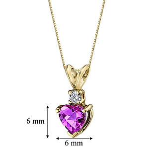 PEORA Created Pink Sapphire with Genuine Diamond Pendant in 14 Karat Yellow Gold, Heart Shape Solitaire, 6mm, 1.15 Carats total