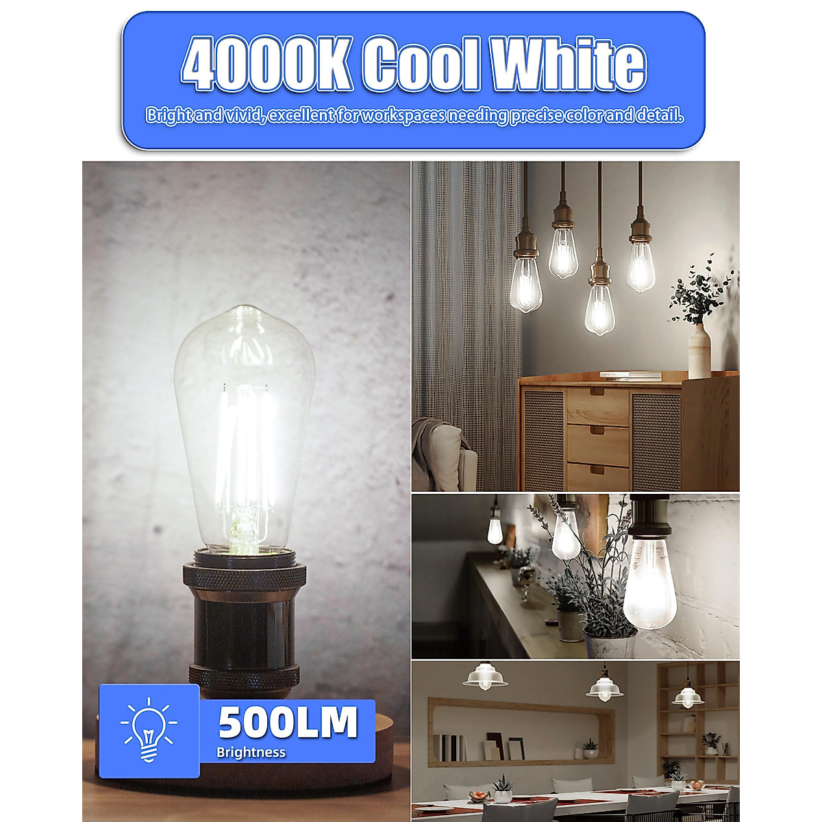 MASTERY MART Dimmable E26 Edison Bulbs 6 Pack, 5.5W LED Light Bulbs (60W Equivalent), Cool White 4000K, Clear Glass ST19 ST21