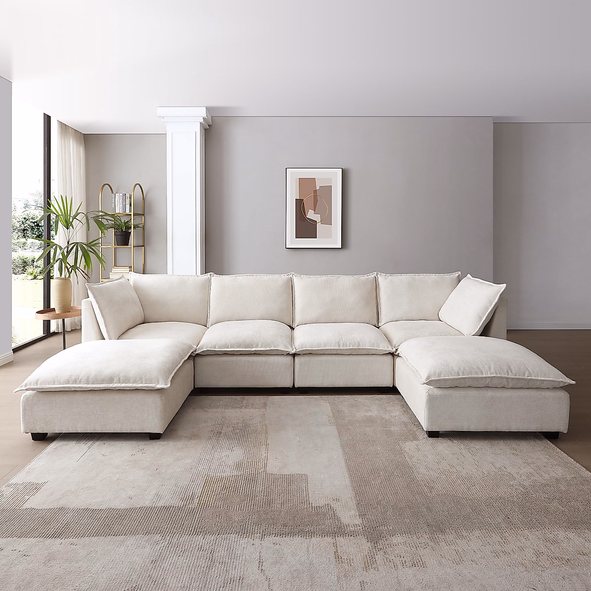 Cloud Couch Sectional Couches for Living Room U Shaped, 130" Beige Convertible Sofa Bed, Modular Sectional Sleeper Sofa with Ottomans, 6 Seat Deep Seat Lounge Sofa with Chaise for Office