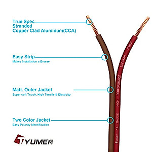 TYUMEN 100FT 14/2 Gauge Red/Brown Wire Power Ground Cable, 14 AWG Stranded Flexible Wire for Electrical Wire, Primary Automotive Wire, Battery Cable, Car Audio Speaker, 12 Volt Low Voltage Wiring