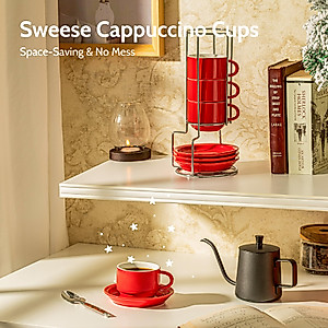 Sweese 8 Ounce Porcelain Stackable Cappuccino Cups with Saucers and Metal Stand - for Specialty Coffee Drinks, Cappuccino, Latte, Americano and Tea - Set of 4, Red