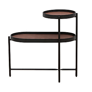 Modern 2-Tier Side Table Black Metal Frame with Wood & PU Tray End Tables Sofa Table for Living Room, Bedroom, Sofa Couch, Hall