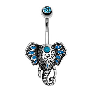 Pierce2GO Tribal Elephant Belly Button Ring - 316L Surgical Grade Stainless-Steel Belly Button Rings Studded with Faux Blue Pearls anz Cubic Zirconia Stone - Belly Piercings Navel Ring for Women