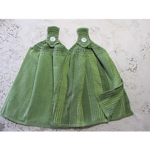 Set of 2 Green Doubled Chevron Design Hanging Kitchen Towels with Green Cotton Crochet Top - Best Quality