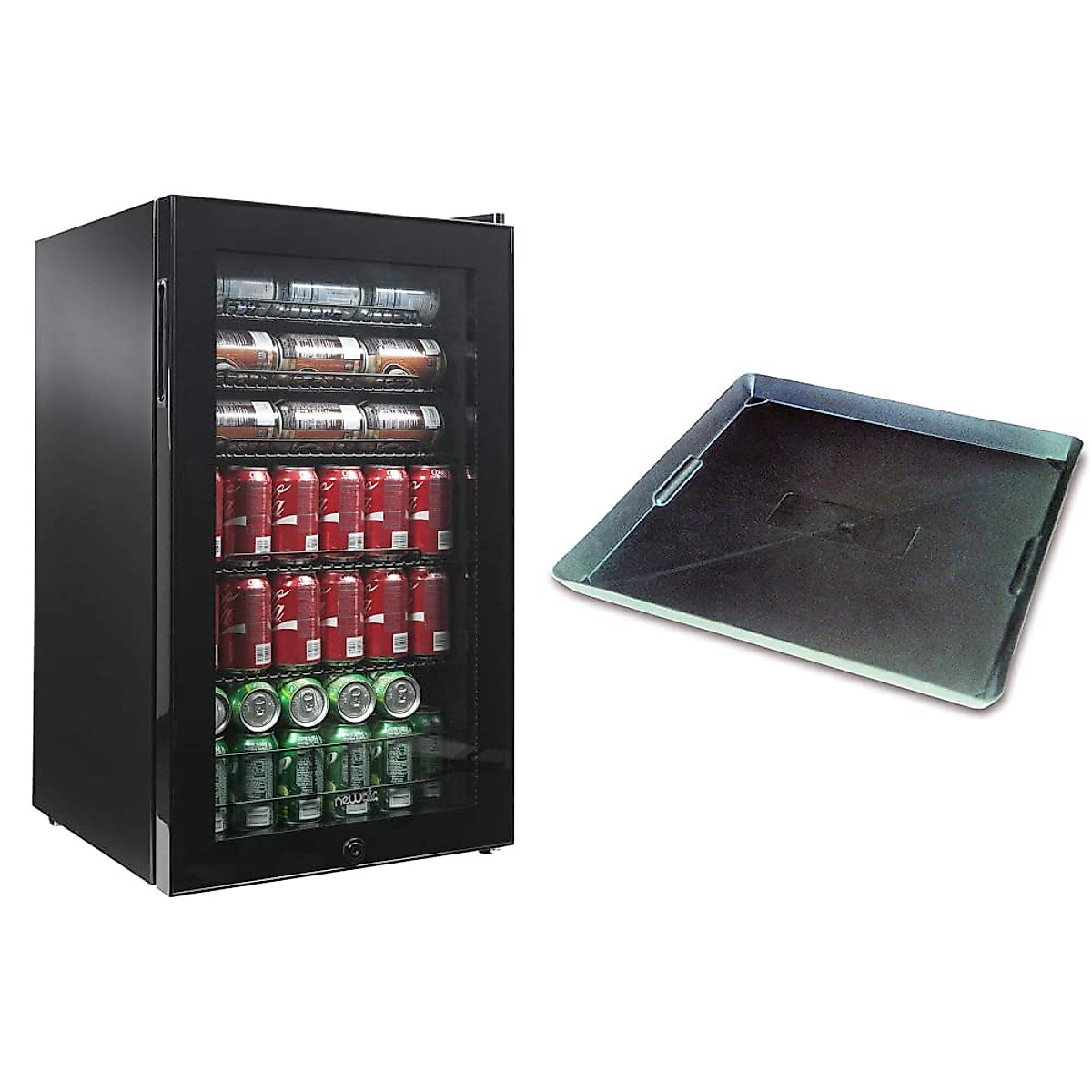 NewAir Black Beverage Refrigerator Cooler, Free Standing & WirthCo 40092 Funnel King Drip Tray - Black Plastic 22 x 22 x 1.5 Inches - Perfect for Catching Spills or Leaks from Mini Fridges