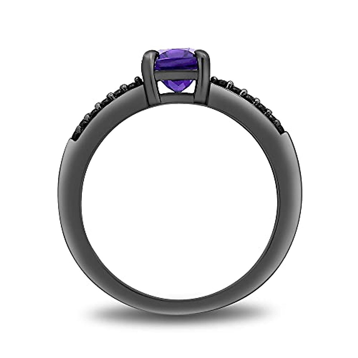 Jewelili Enchanted Disney Fine Jewelry Black Rhodium over Sterling Silver 8x6 MM Cushion Shape Amethyst and 1/5 Cttw Treated Black Round Diamond Ursula Ring, Size 7