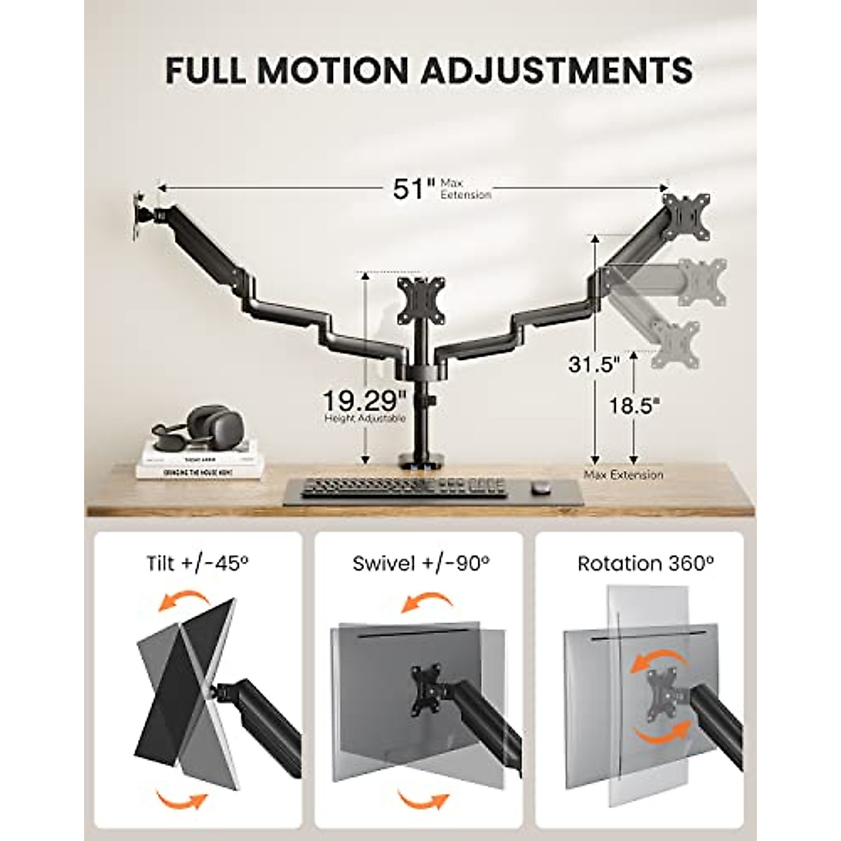 ErGear Triple Monitor Mount for Desk, 3 Monitor Stand with Gas Spring Adjustable Monitor Arm Fit Three Screens 13 to 27 inch Flat/Curved LCD Computer Screens Holds Max 17.6lbs with Clamp