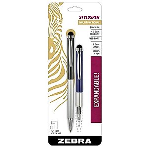 Zebra Pen StylusPen Telescopic Ballpoint Pen, Medium Point, 1.0mm, Black Ink, Grey and Navy Barrels, 2-Count