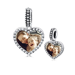 LONAGO Personalized Photo Charm for Bracelet Necklace 925 Sterling Silver Custom Heart Picture Charm Hold 2 Pictures Gift for Women