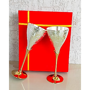VIBRANIC Wine Glass Handmade Engraved Vintage Silver Plated Brass Champagne curved Fluted Wine Glass Pack of 2