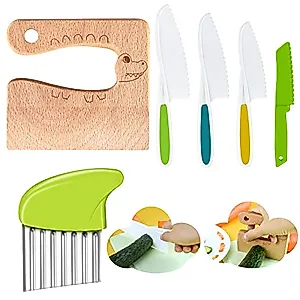 FGSAEOR Toddler Knife Set (6 PCS), Montessori Kitchen Tools for Real Cooking and Knives Cutting, Kids Safe Plastic Knife Include Wooden Knife, Wavy Chopper Knife, Potato Slicers, Serrated Edge Knives