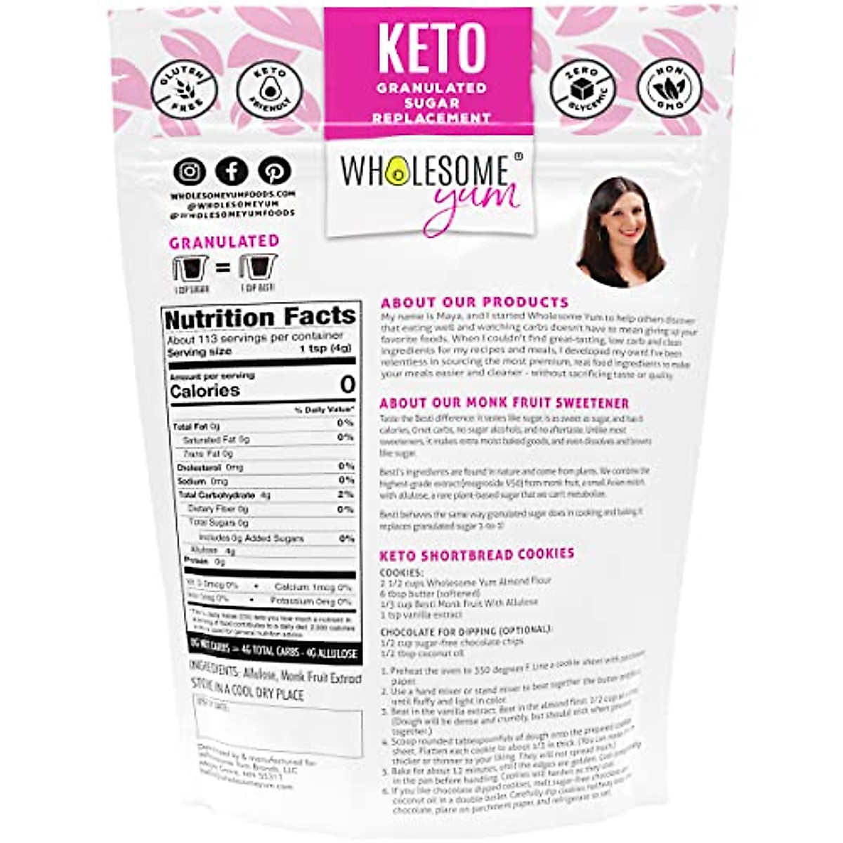 Wholesome Yum Besti Natural Sugar Substitute - Granulated Monk Fruit Sweetener Blend With Allulose (No Erythritol) - Keto, Non GMO, Zero Calorie, Zero Carb, Sugar Free, No Aftertaste (1 lb)