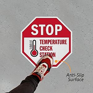 SmartSign “Stop - Temperature Check Station” Anti Slip Adhesive Octagonal Floor Sign | 17" x 17"
