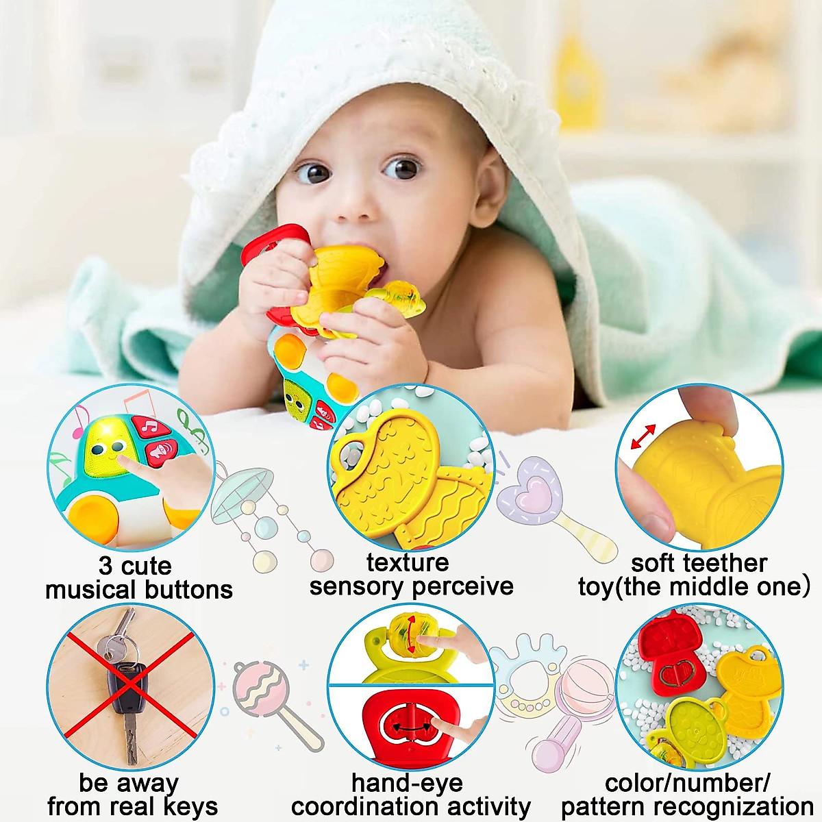 Baby Toys 9-12 Months Baby Musical Toys Rattle Infant Toy for Toddler My First Car Keychain Light up Teething Toy for Baby Keys Baby Interactive Pretend Play Toy Kids Tactile Sensory Toy Gift for Baby