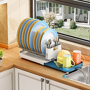 PXRACK Dish Drying Rack, Expandable(11.4"-18") Dish Rack for Kitchen Counter with Detachable Utensil Holder, Stainless Steel Small Dish Drainer and Drainboard Set for Kitchen in Sink