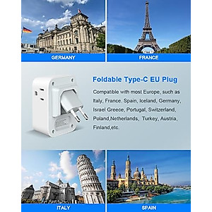 Foldable European Travel Plug Adapter, JAMIFEX International Power Plug Adaptor with 4 Outlets 4 USB(2 USB-C) Ports, Type C EU Adapter US to Most Europe Spain Italy France Germany