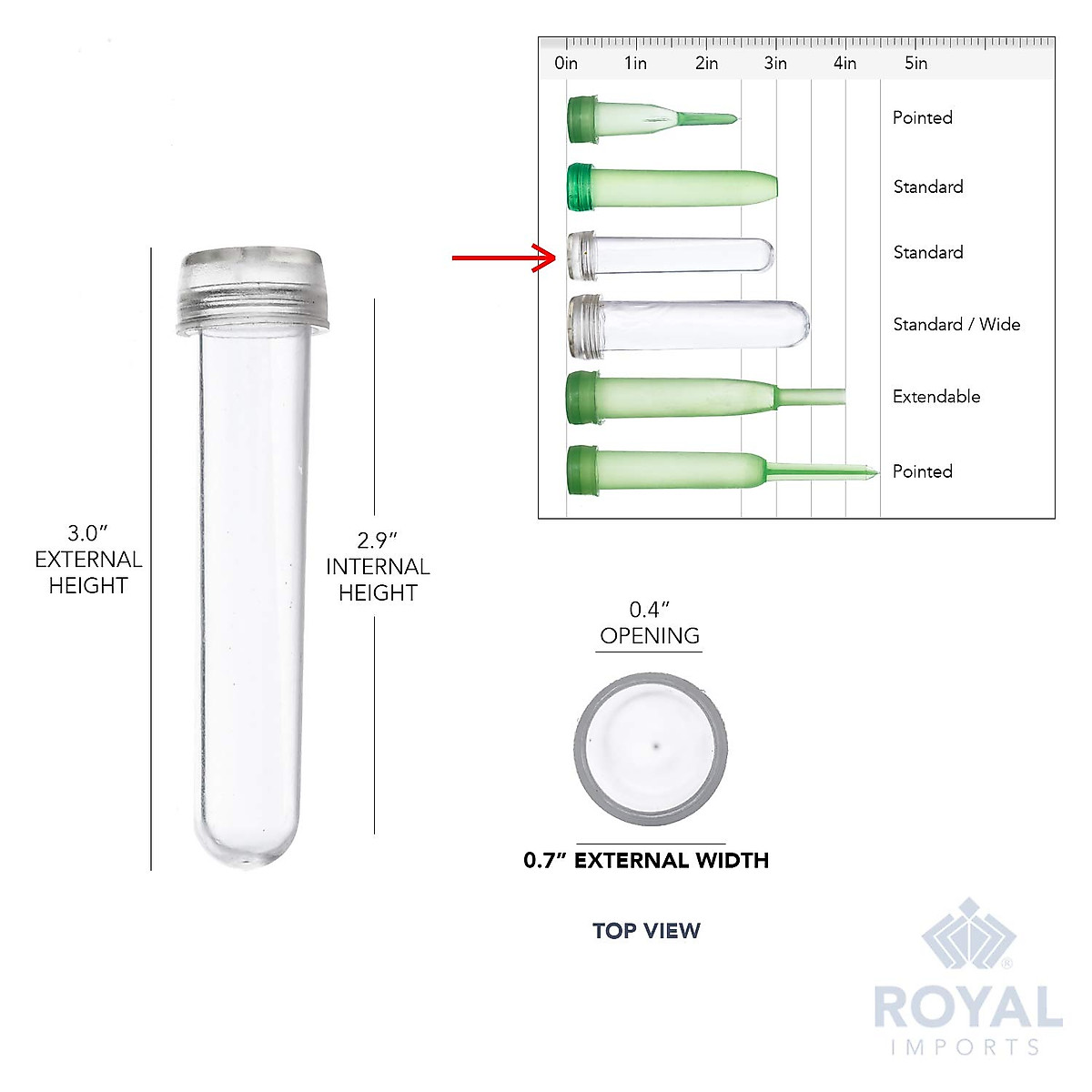 Royal Imports Floral Water Tubes/Vials for Flower Arrangements, Clear - 3" (1/2" Opening) - Standard - 25/Pack - w/Caps