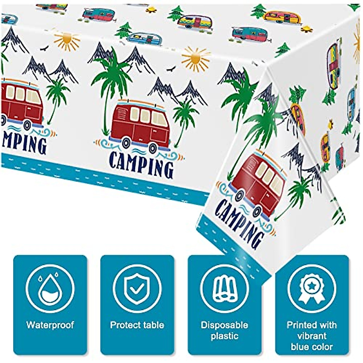 3 Pack Camping Tablecloth Camping Picnic Table Covers Rectangular Camping Backdrop Table Cloth Camping Trails Tablecloth Camping Vintage Style Plastic Tablecloth for Party Table Decor, 108 x 54 Inch