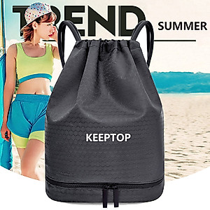 KEEPTOP Waterproof Drawstring swim Bag Sackpack Backpack,Dry Wet Depart,Swimming Gym Yoga Sport Shoulder Rucksack Daypacks Casual Bags (CLASSIC BLACK)