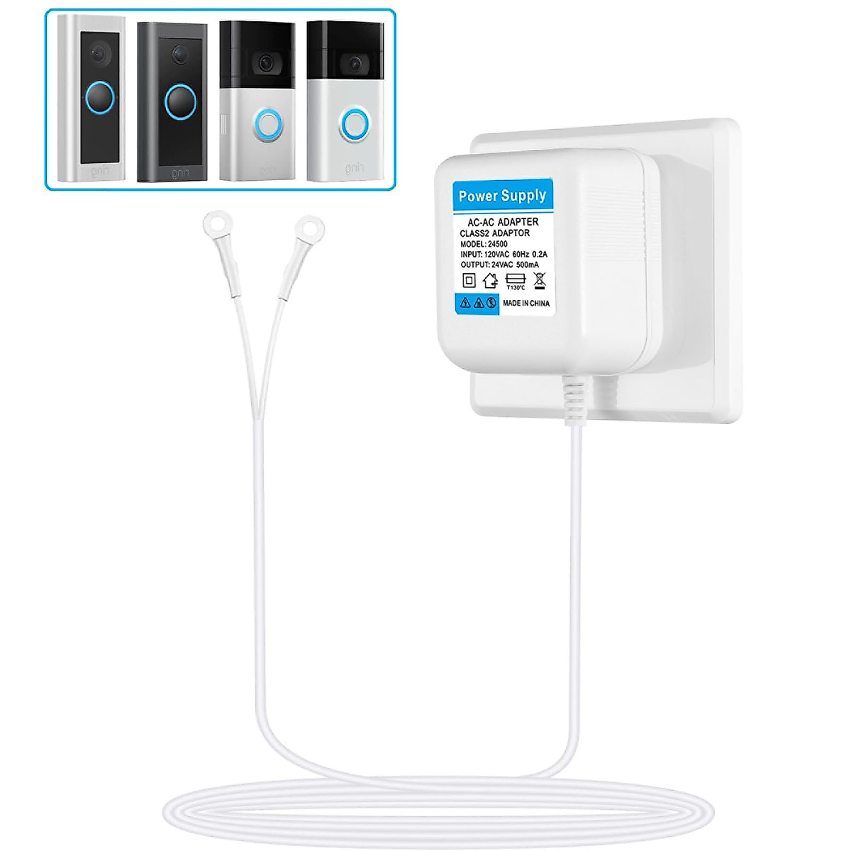 24V Doorbell Transformer Compatible with Ring Doorbell,Video Doorbell,Nest, Ecobee, Sensi and Honeywell Thermostats,24V 500MA AC Transformer (16.4FT White 12.0, Watts