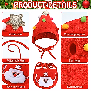 Lauwell 4 Pcs Christmas Dog Pet Costume Include 2 Christmas Tree Hat Small Dog Headgear and 2 Adjustable Collars Bib Santa Elf Cat Bib for Xmas Dog Cat Outfit Clothing Party Accessory
